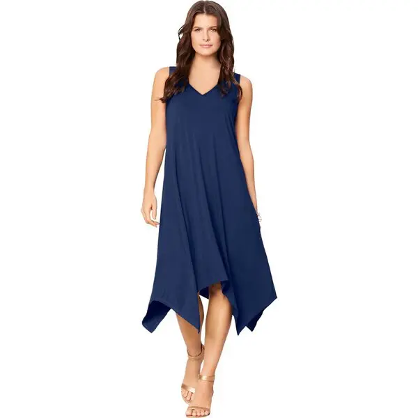 Roaman's Sleeveless V-neck Stretch Knit Midi Dress With Handkerchief Hem - Evening Blue