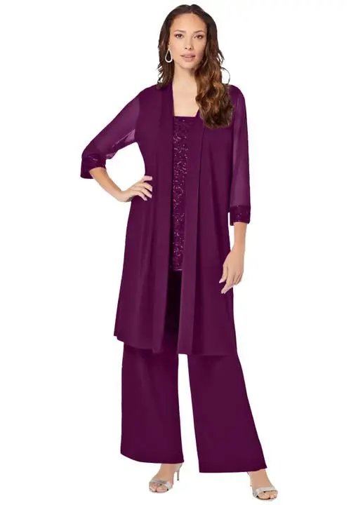 ROAMAN'S Plus-size Embellished Knit Pant Set - Dark Berry