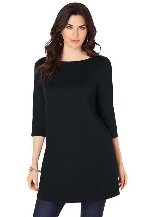 Roaman's Cotton Ultimate Boatneck Tunic With Side Slits - Black