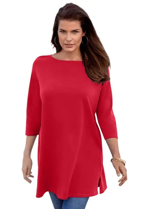 Roaman's Cotton Ultimate Boatneck Tunic With Side Slits - Classic Red