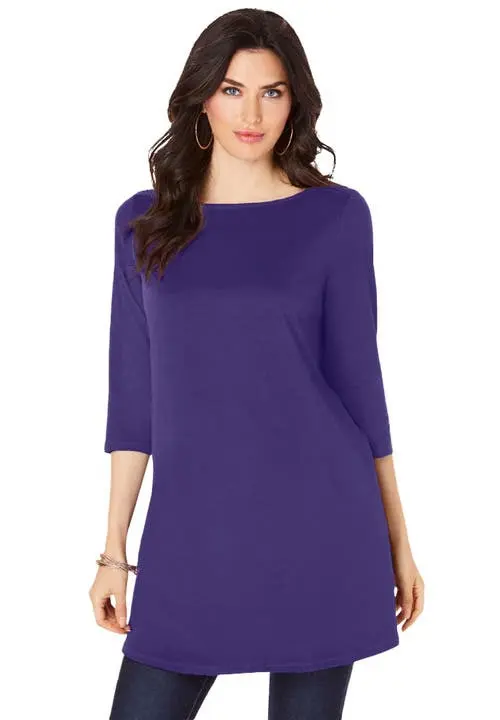 Roaman's Cotton Ultimate Boatneck Tunic With Side Slits - Midnight Violet