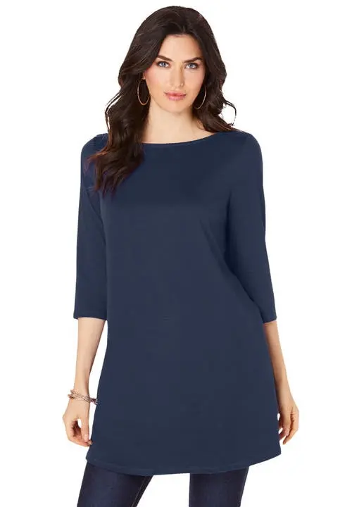 Roaman's Cotton Ultimate Boatneck Tunic With Side Slits - Navy