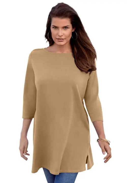 Roaman's Cotton Ultimate Boatneck Tunic With Side Slits - Soft Camel