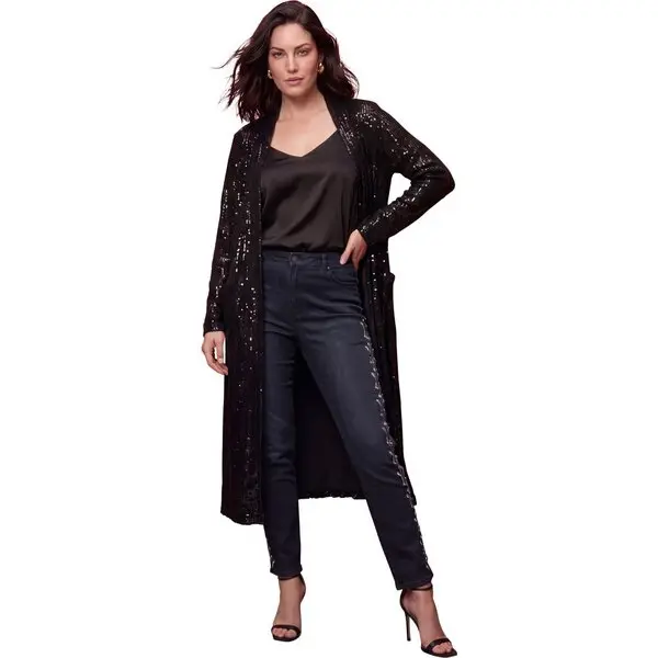 Roaman's Sequin Duster With Front Pockets - Black