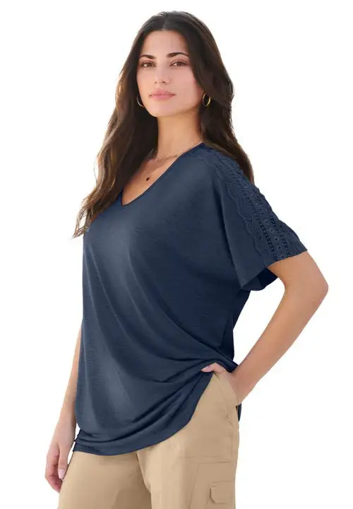 Roaman's Lace Trimmed Textured Tee - Navy