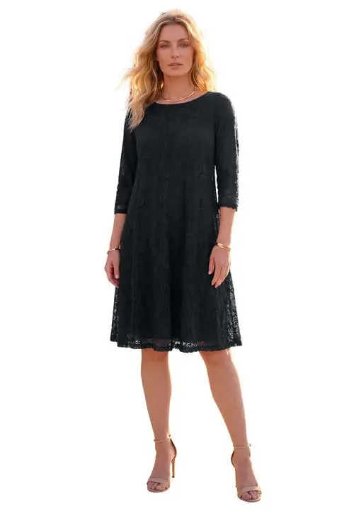 Roaman's 3/4 Sleeve Boatneck Lace Swing Dress - Black
