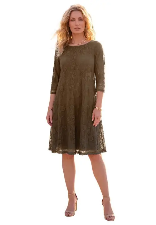 Roaman's 3/4 Sleeve Boatneck Lace Swing Dress - Brown