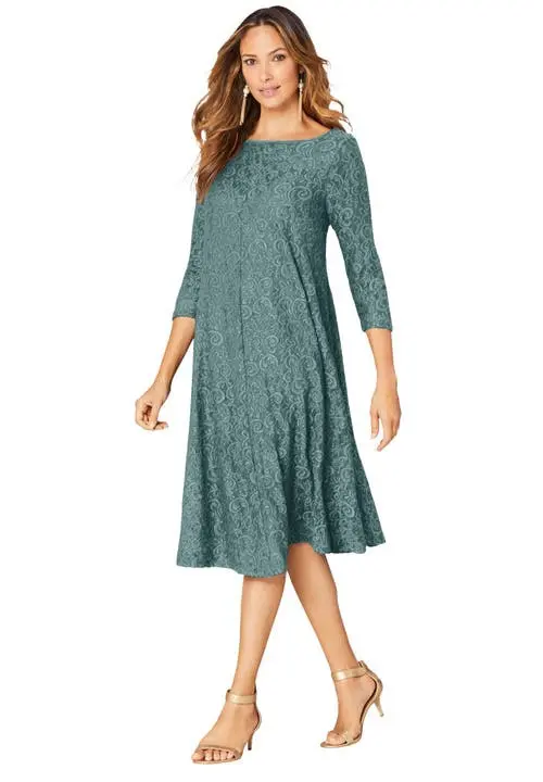 Roaman's 3/4 Sleeve Boatneck Lace Swing Dress - Cool Sage