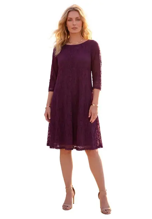 Roaman's 3/4 Sleeve Boatneck Lace Swing Dress - Dark Berry