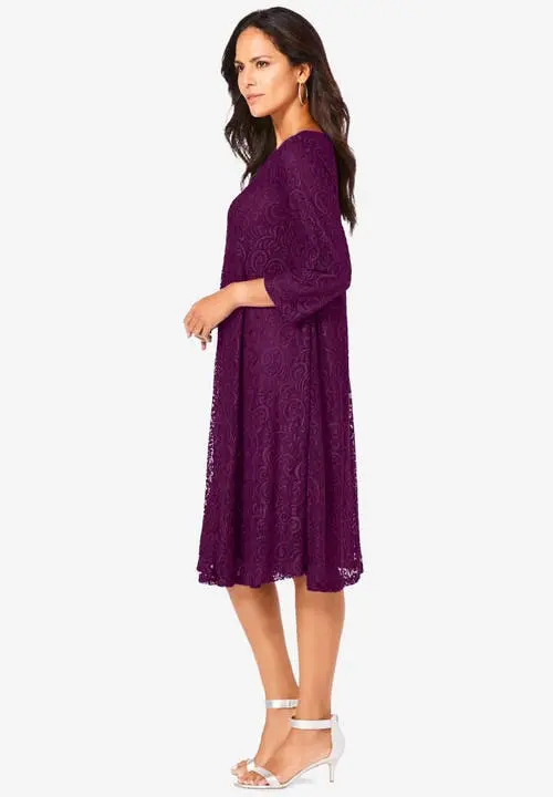 Roaman's 3/4 Sleeve Boatneck Lace Swing Dress - Dark Berry