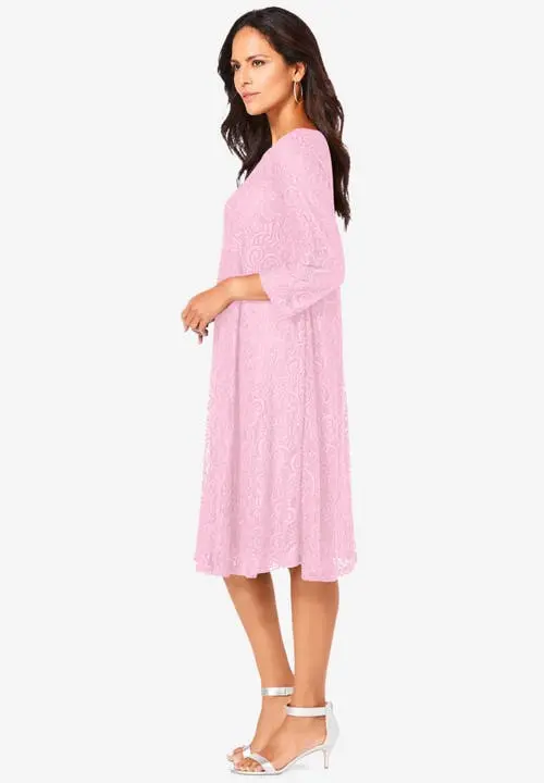 Roaman's 3/4 Sleeve Boatneck Lace Swing Dress - Dark Berry