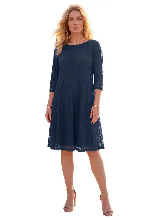 Roaman's 3/4 Sleeve Boatneck Lace Swing Dress - Navy