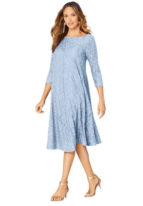 Roaman's 3/4 Sleeve Boatneck Lace Swing Dress - Pale Blue