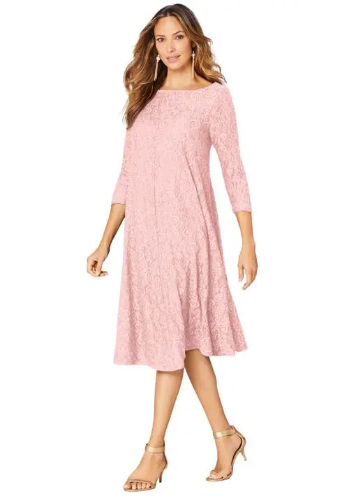 Roaman's 3/4 Sleeve Boatneck Lace Swing Dress - Soft Blush