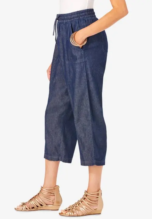 ROAMAN'S Chambray Wide Leg Capri Pant - Light Stonewash