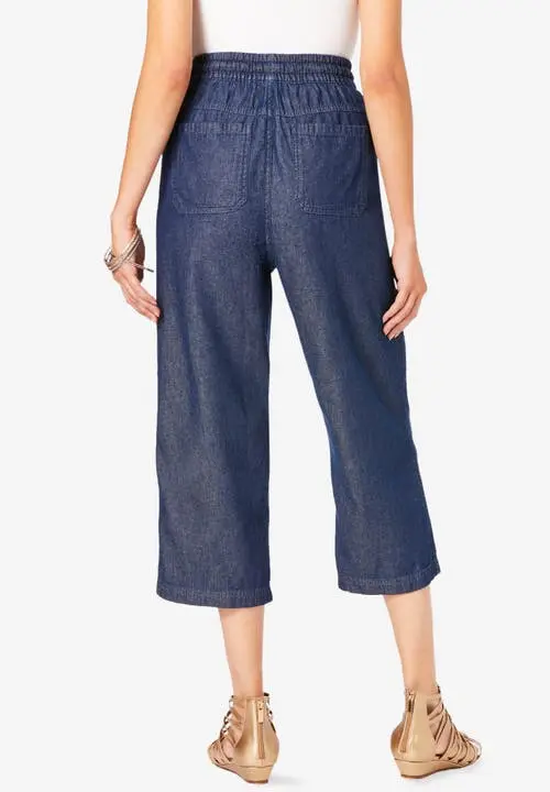 Roaman's Chambray Wide Leg Capri Pants - Light Stonewash
