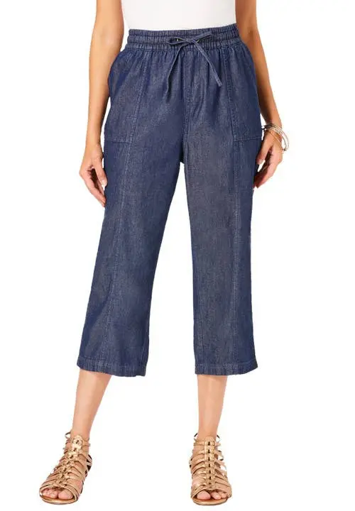 Roaman's Chambray Wide Leg Capri Pants - Medium Wash