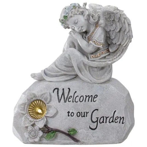 NORTHLIGHT 9.25" Solar Powered "welcome To Our Garden" Angel Outdoor Garden Statue - Gray