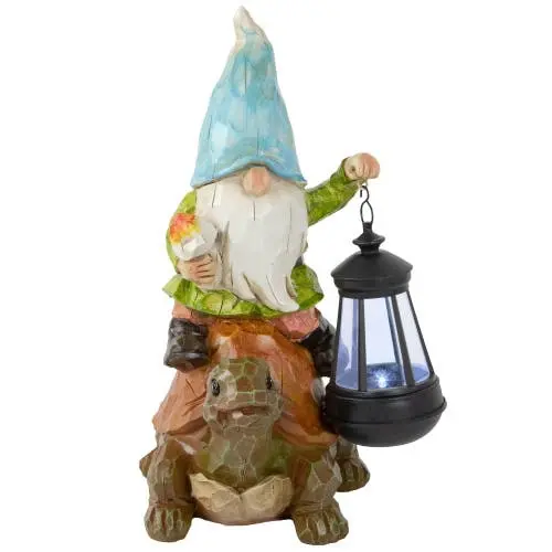 NORTHLIGHT 12.5" Solar Led Lighted Gnome And Turtle Outdoor Garden Statue - Brown