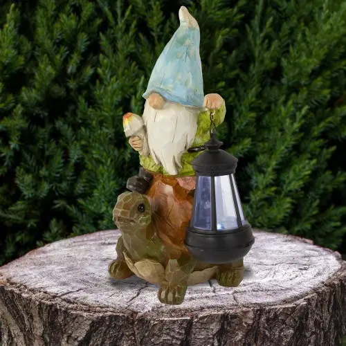 NORTHLIGHT 12.5" Solar Led Lighted Gnome And Turtle Outdoor Garden Statue