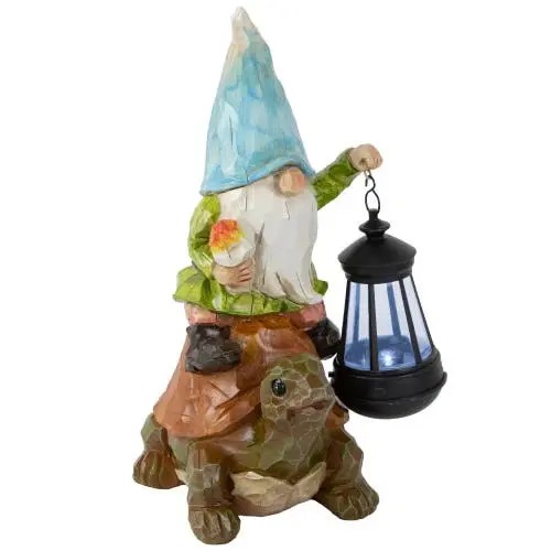 NORTHLIGHT 12.5" Solar Led Lighted Gnome And Turtle Outdoor Garden Statue