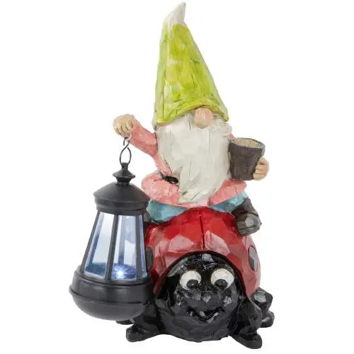 NORTHLIGHT 12.25" Solar Led Lighted Gnome And Ladybug Outdoor Garden Statue - Red