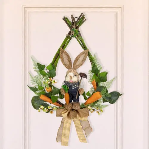 NORTHLIGHT Farmer Bunny Moss Vines Teardrop Easter Wreath22" And Orangeunlit - Green