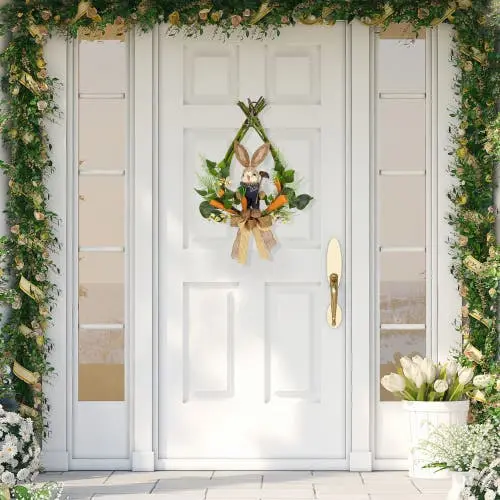 NORTHLIGHT Farmer Bunny Moss Vines Teardrop Easter Wreath22" And Orangeunlit