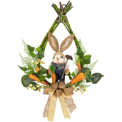 NORTHLIGHT Farmer Bunny Moss Vines Teardrop Easter Wreath22" And Orangeunlit