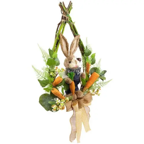 NORTHLIGHT Farmer Bunny Moss Vines Teardrop Easter Wreath22" And Orangeunlit