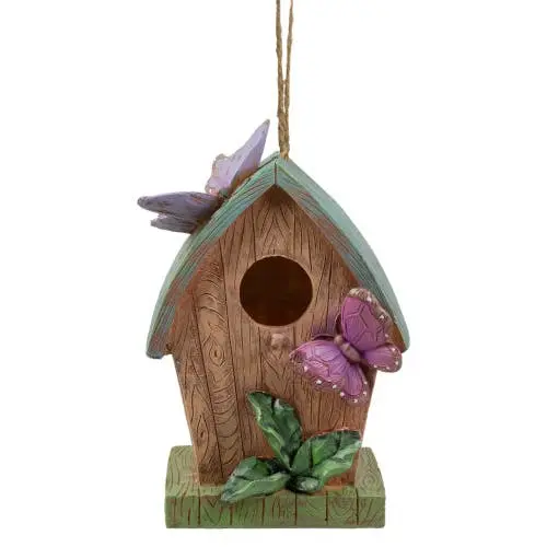 NORTHLIGHT 10" And Green Hanging Birdhouse With Butterflies Outdoor Garden Decor - Brown