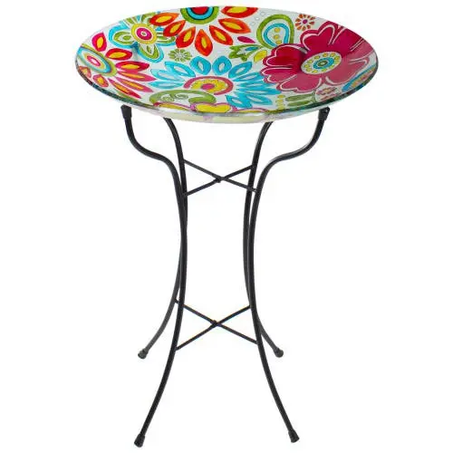 NORTHLIGHT 18" Pastel Pink And Flowers Hand Painted Glass Outdoor Patio Bird Bath - Blue