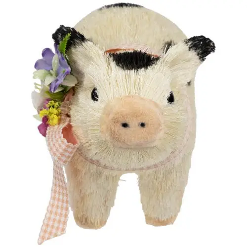 NORTHLIGHT Spotted Piglet With Bow And Flowers Spring Figurine9 - White