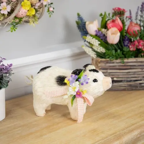 NORTHLIGHT Spotted Piglet With Bow And Flowers Spring Figurine9