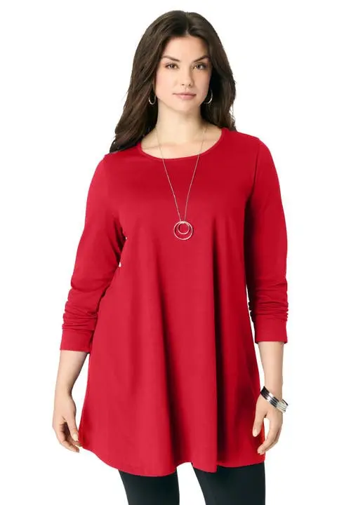 Roaman's Ultimate Long Sleeve Crewneck Swing Tunic - Classic Red