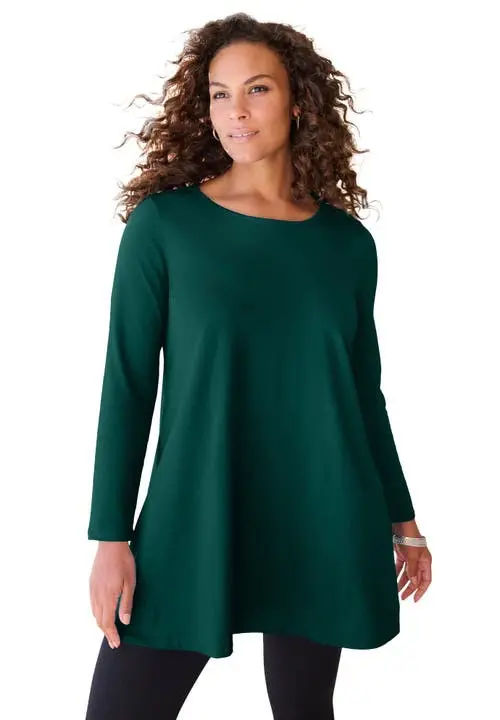 Roaman's Long Sleeve Crewneck Swing Tunic - Emerald Green