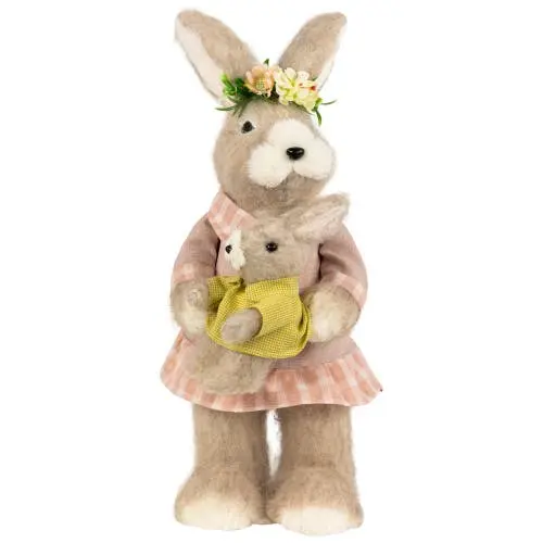 NORTHLIGHT Mother Rabbit With Baby Bunny Easter Figure14.5" And Rose Pink - Brown