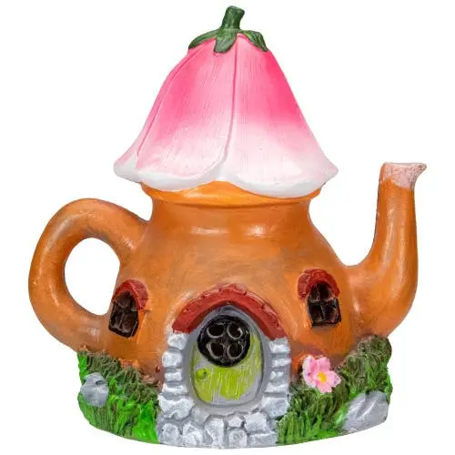 NORTHLIGHT 7" Solar Lighted Flower Teapot Outdoor Garden Statue - Brown