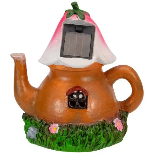 NORTHLIGHT 7" Solar Lighted Flower Teapot Outdoor Garden Statue