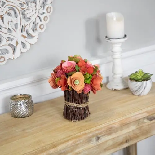 NORTHLIGHT Artificial Mixed Floral Wooden Spring Bouquet9" And Pink