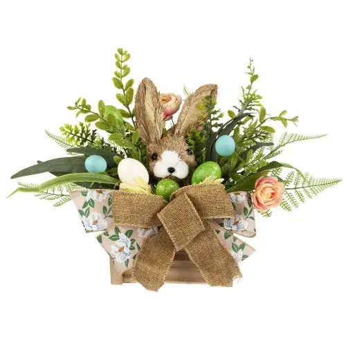 NORTHLIGHT Boxed Floral Arrangement With Bunny Easter Decoration12 - Green