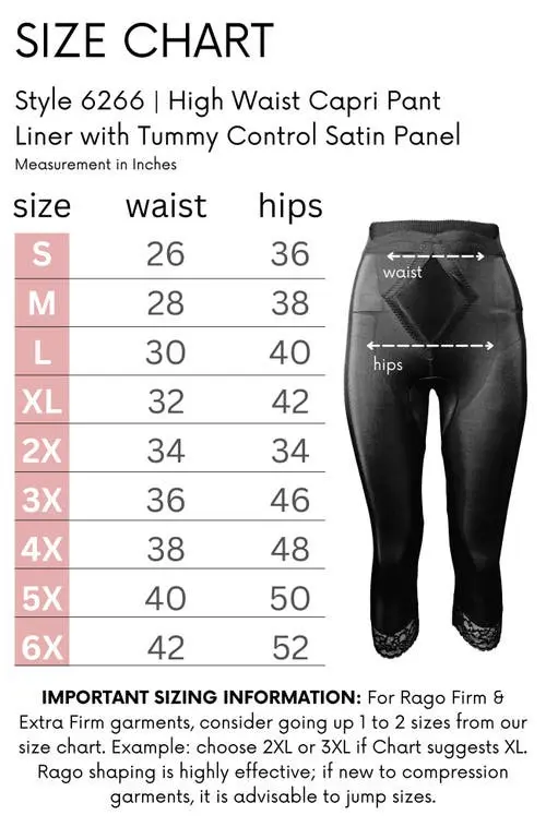 RAGO High Waist Capri Pant Liner With Tummy Control - Black