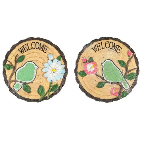 NORTHLIGHT Set Of 2 Welcome Birds Outdoor Floral Garden Stones 11 - Brown