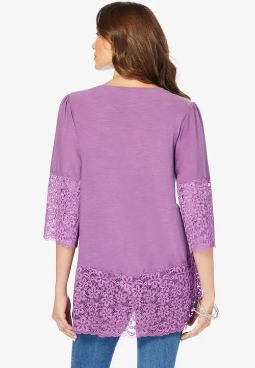Roaman's Lace Hem Pintuck Tunic With Pearlized Buttons - Dark Berry