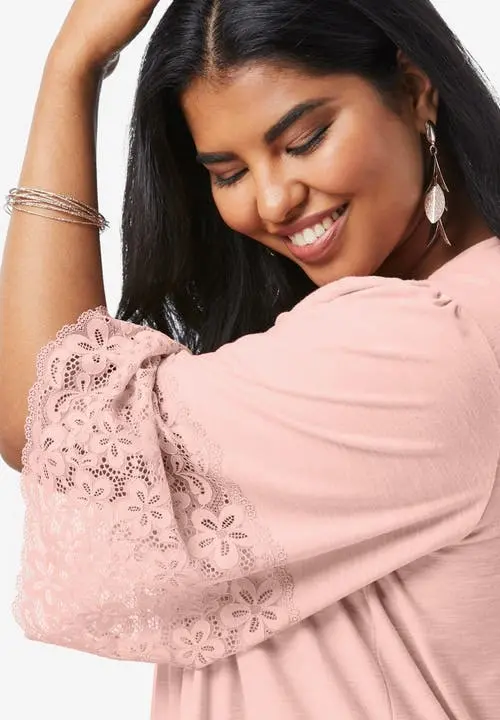 Roaman's Lace Hem Pintuck Tunic With Pearlized Buttons - Dark Berry