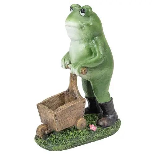NORTHLIGHT 11.5" Frog Pushing Wheelbarrow Outdoor Garden Statue - Green