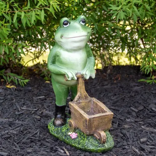 NORTHLIGHT 11.5" Frog Pushing Wheelbarrow Outdoor Garden Statue