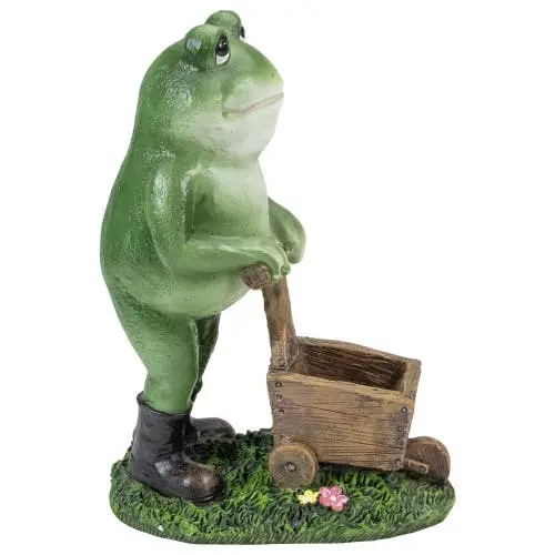 NORTHLIGHT 11.5" Frog Pushing Wheelbarrow Outdoor Garden Statue