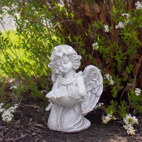 NORTHLIGHT 9" Kneeling Angel With Flower Bird Feeder Outdoor Garden Statue