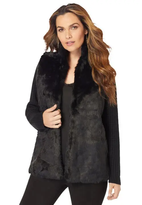 Roaman's Faux Fur Trim Cardigan Sweater - Black